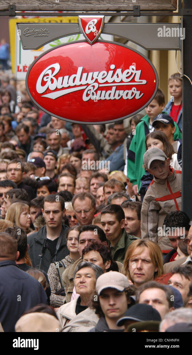 Logo of the Budweiser Budvar Beer with crowd in the background in ...