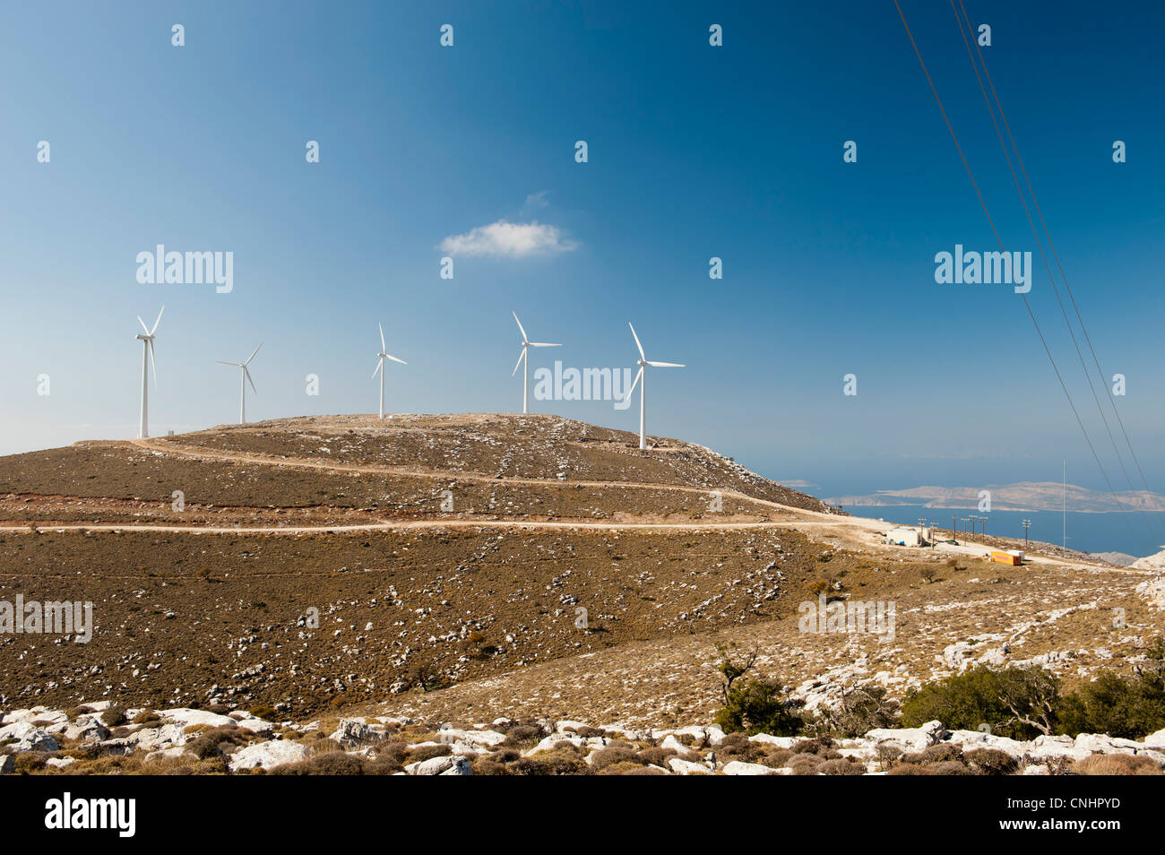 Wind turbines on a hill, Rhodes, Greece Stock Photo - Alamy