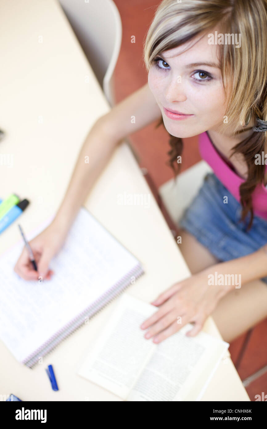 Portrait of a pretty young college student in a classroom (selective ...