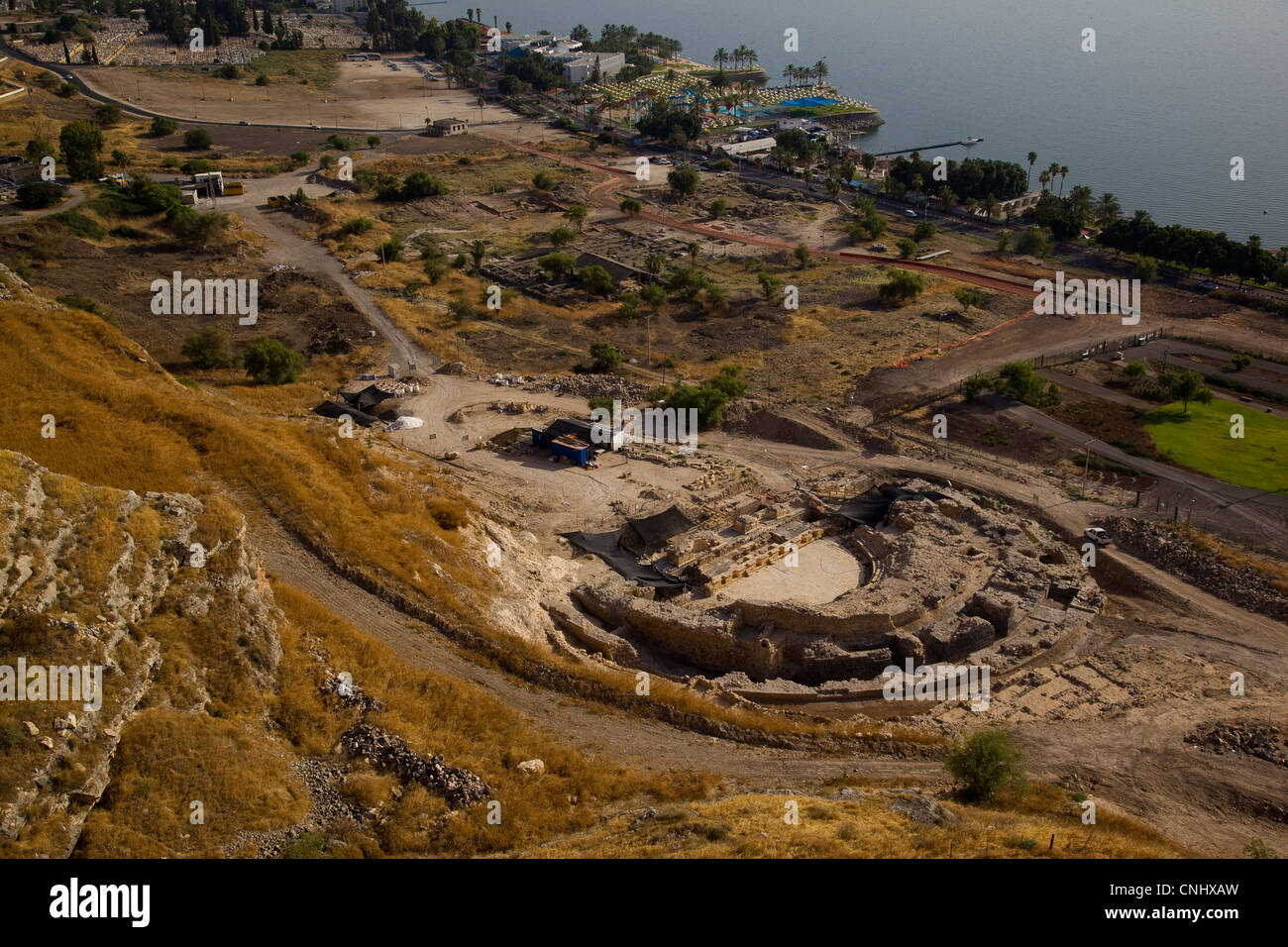 Aerial photograph of the ruins of a Roman amphitheater near the modern ...