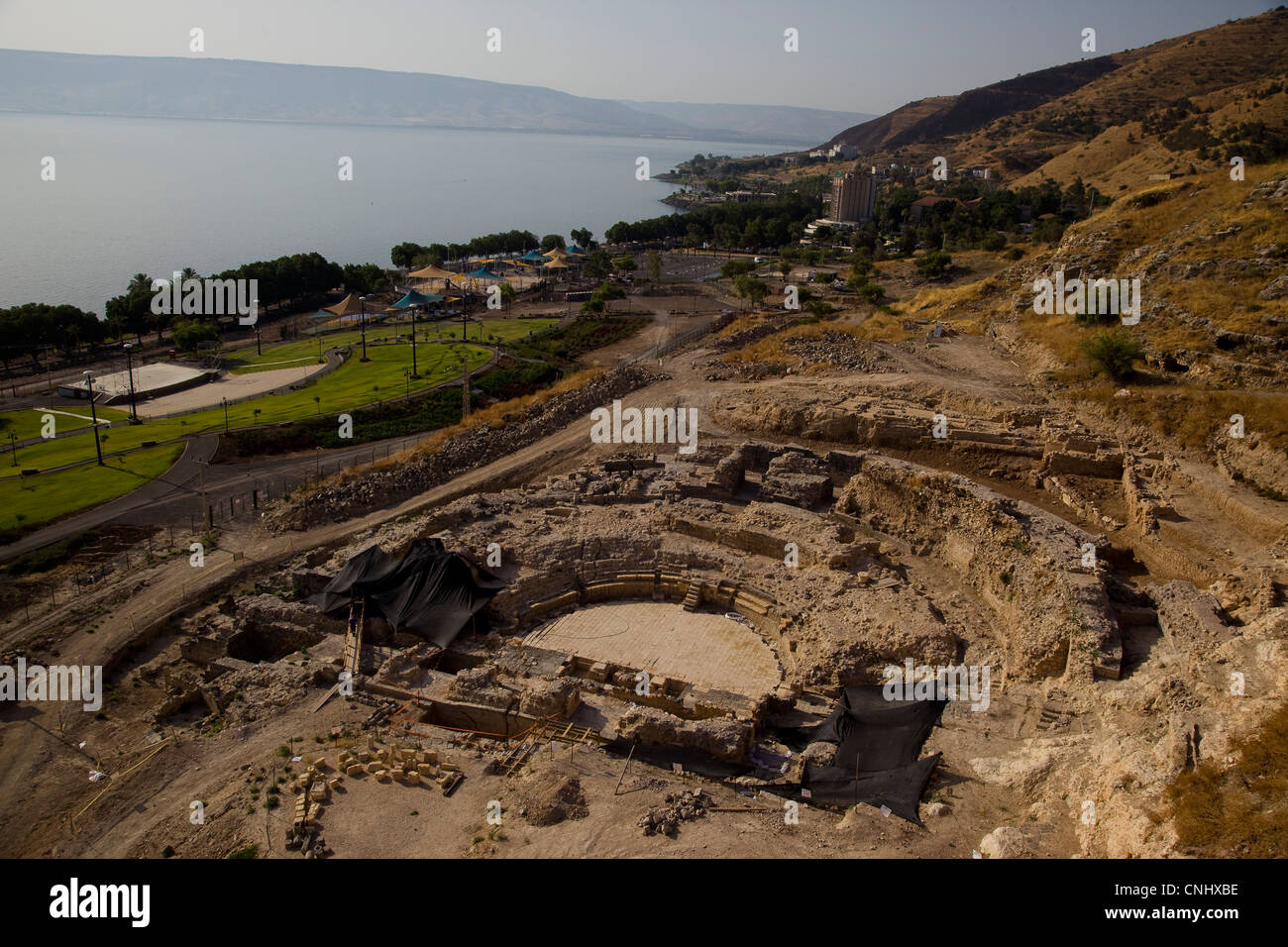 Aerial photograph of the ruins of a Roman amphitheater near the modern ...