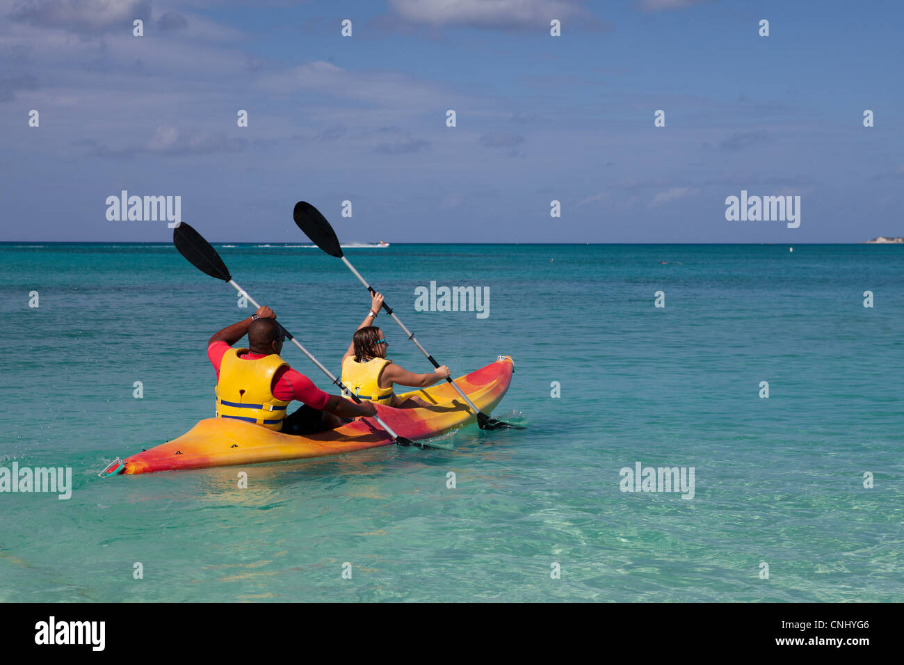 Two people kayaking in Caribbean sea, Grand Cayman, Cayman Islands ...