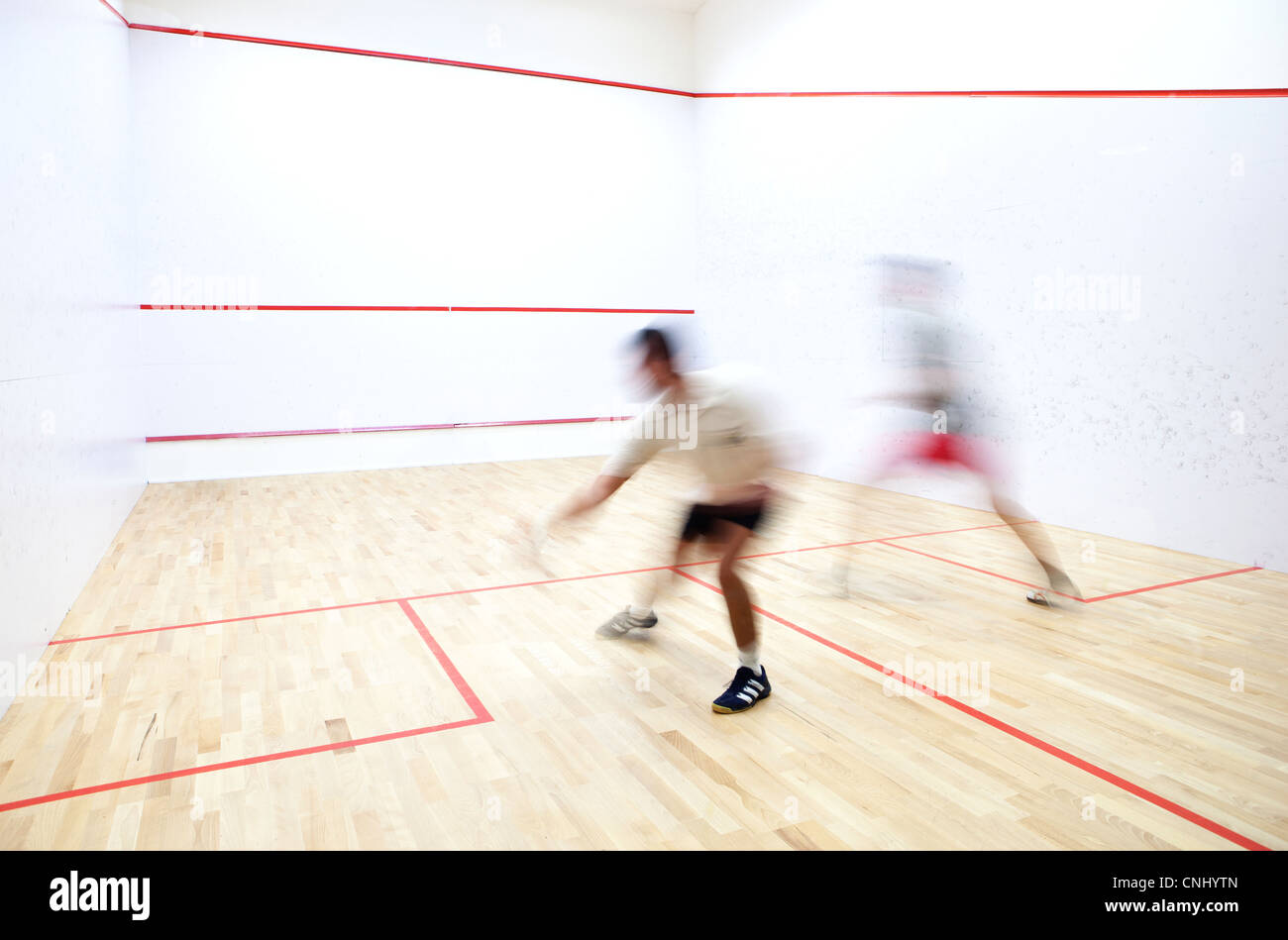 Squash players in action on a squash court (motion blurred image; color ...