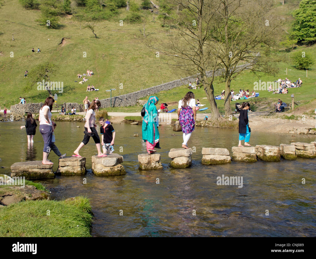 Dovedale valley with stepping stones for crossing the River Dove a ...