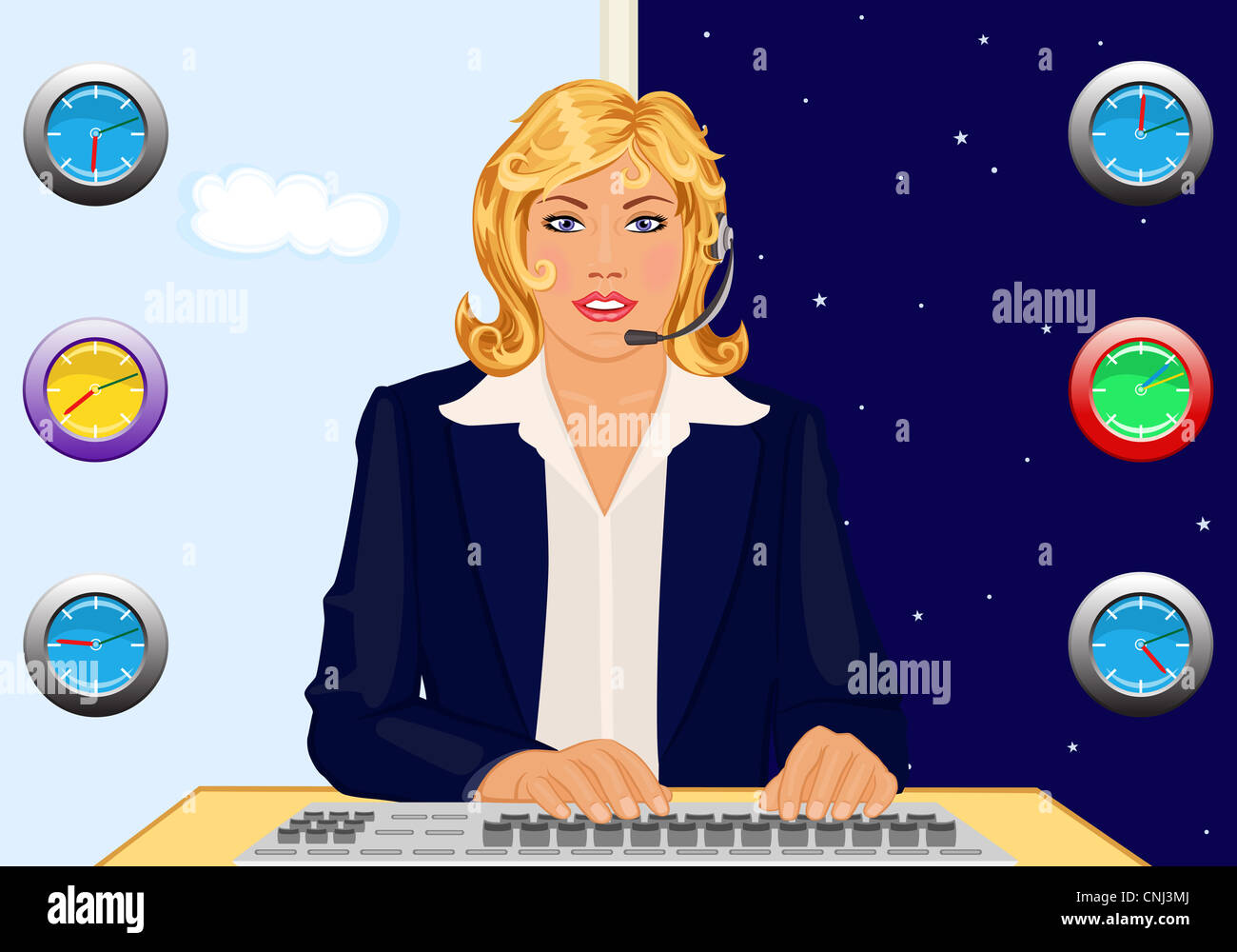 Call us anytime! - illustration of a happy customer support agent ...