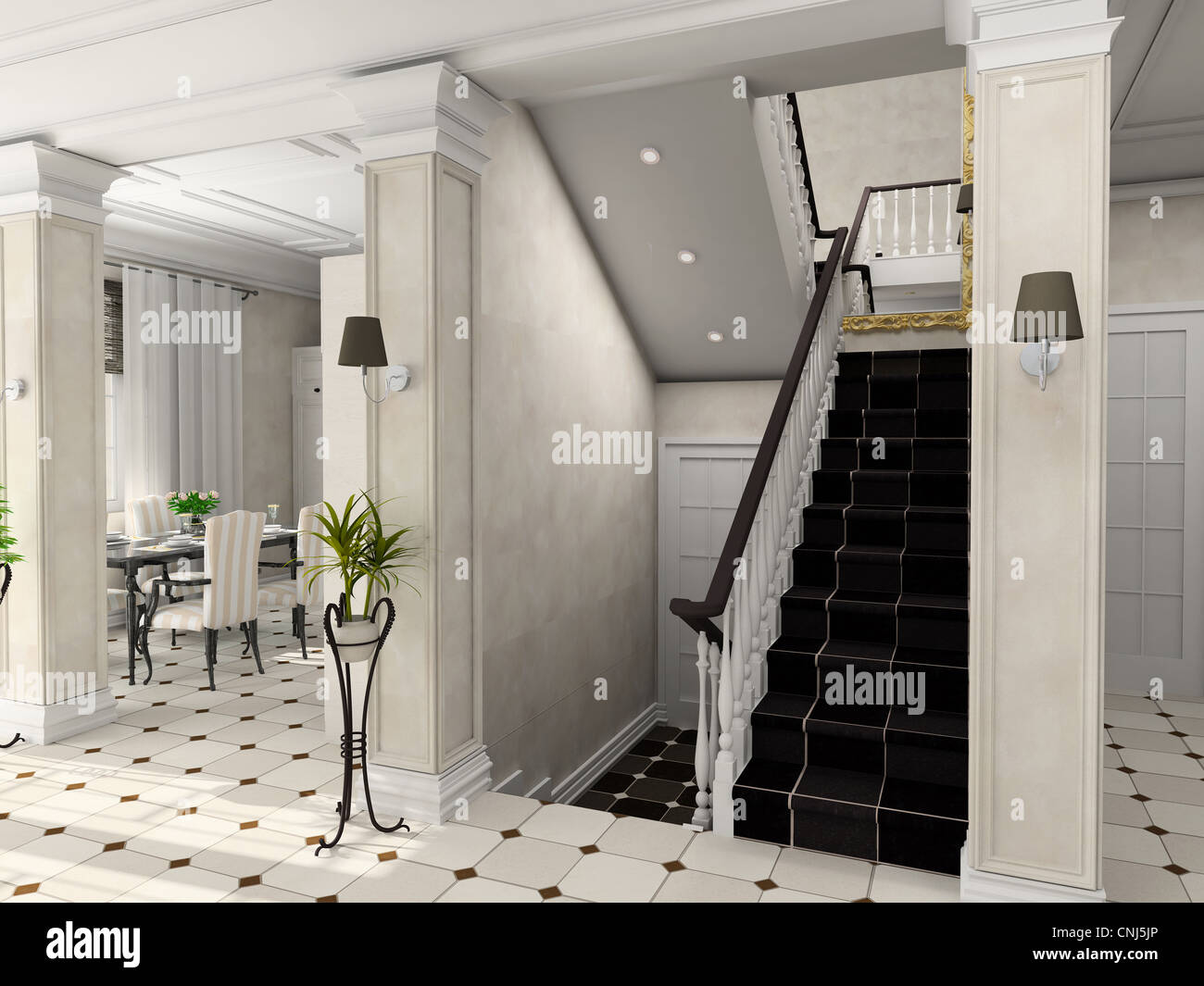 Big hall with the classic stair. 3D render. Hall Stock Photo - Alamy
