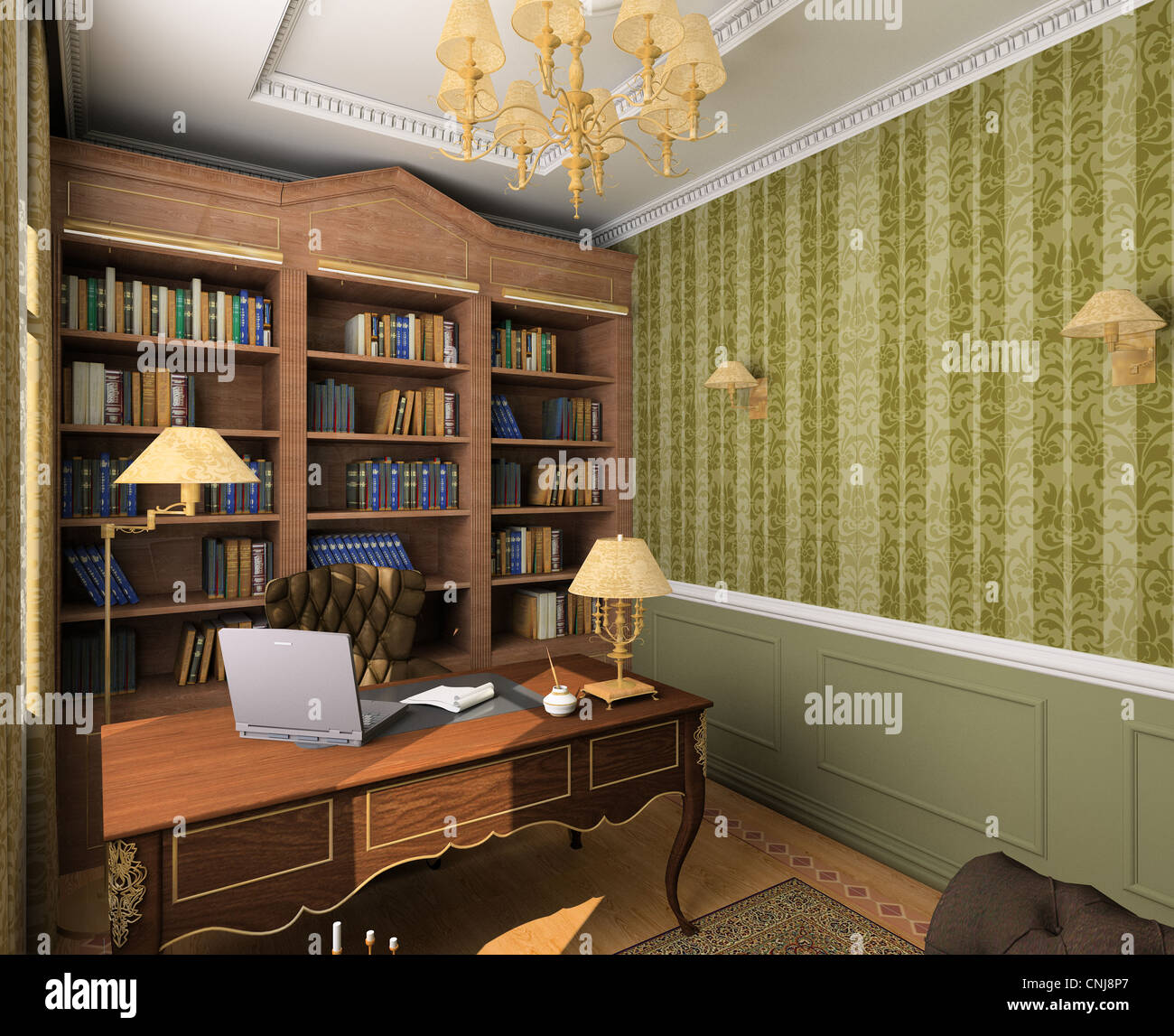 Classical design interior of cabinet. 3D render Stock Photo - Alamy
