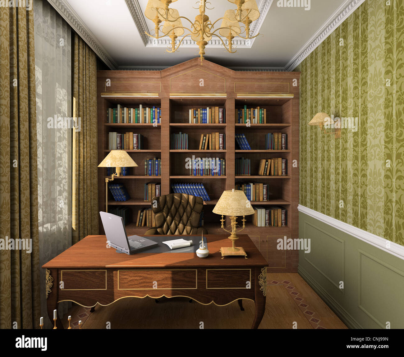 Classical design interior of cabinet. 3D render Stock Photo - Alamy