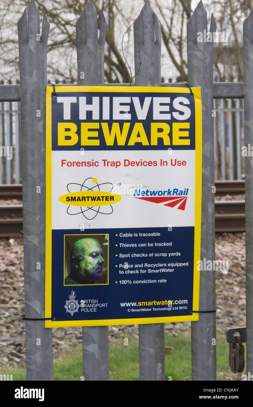 Smartwater in use warning signs near a railway signalling installation ...