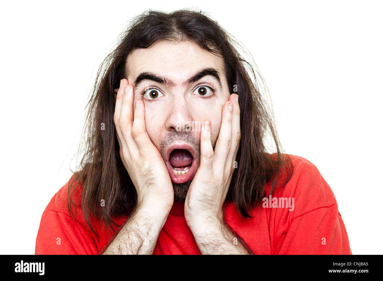 Shocked Man with Red T-Shirt Isolated on White Stock Photo - Alamy