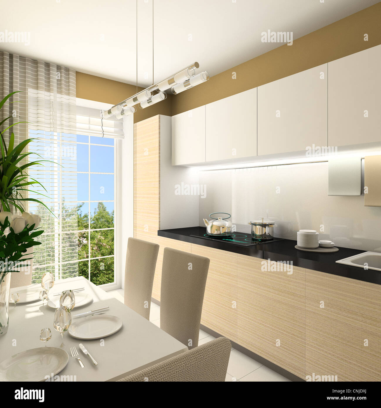 Modern design interior of kitchen. 3D render Stock Photo - Alamy