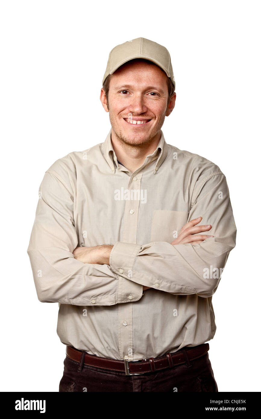 portrait of happy worker on white Stock Photo - Alamy
