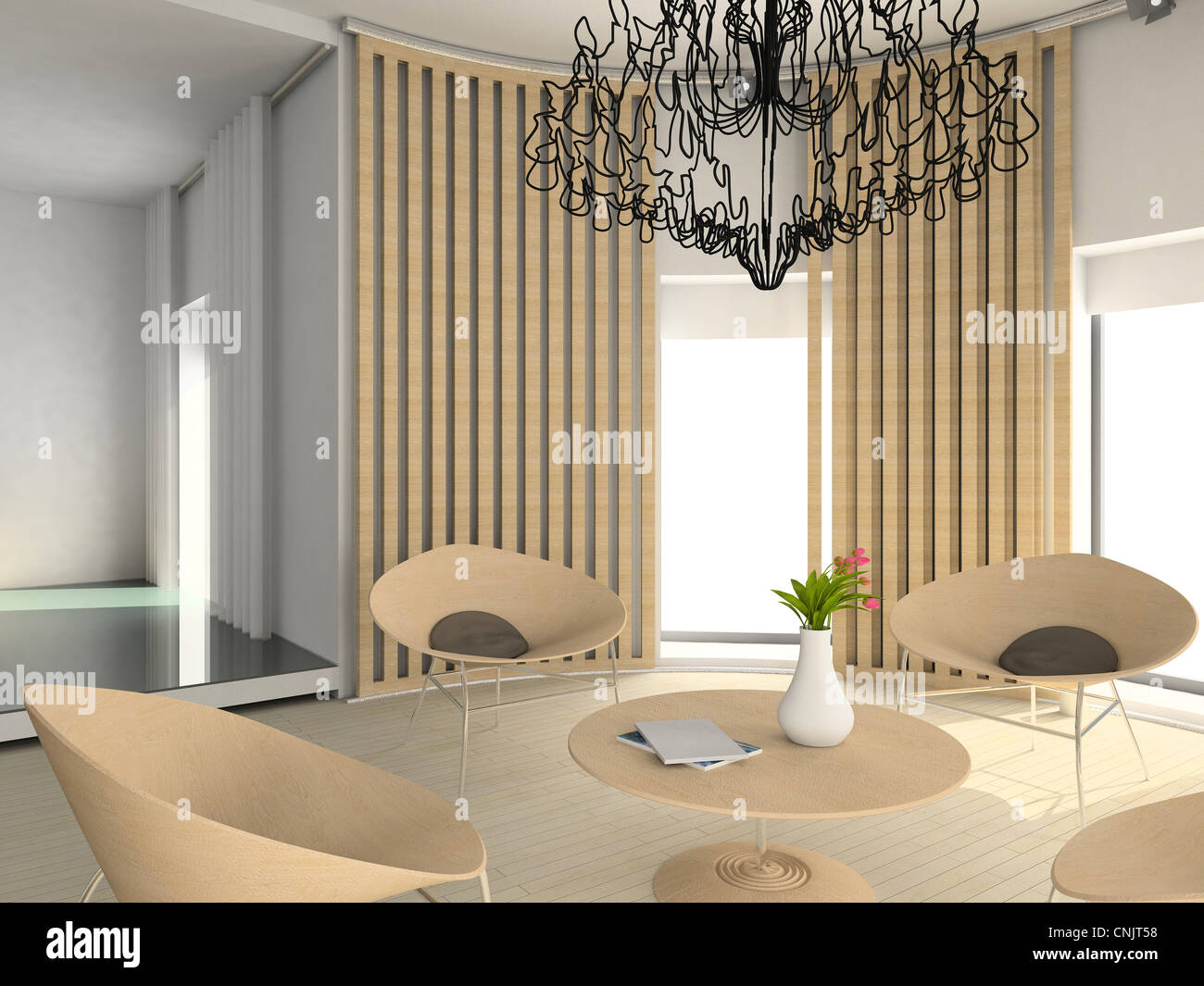 Interior with large windows. Comfortable room with furniture Stock ...