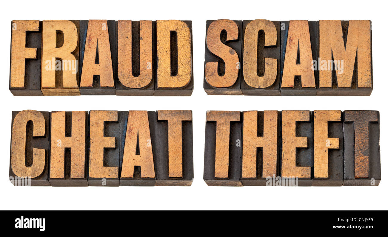 fraud, scam, cheat and theft - crime related isolated words in vintage ...