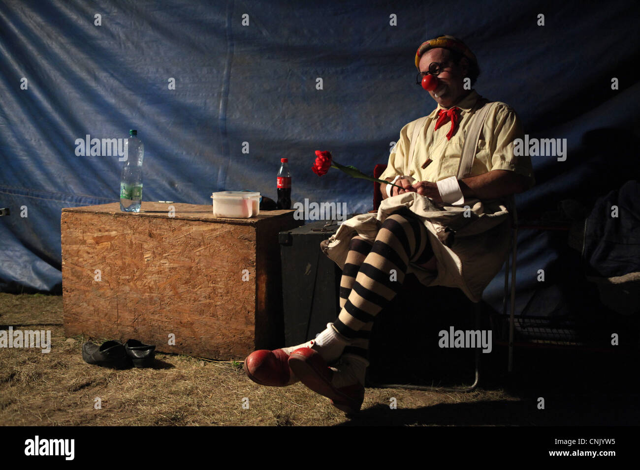 Clown Mr. George in the backstage of Humberto Circus in Prague, Czech ...