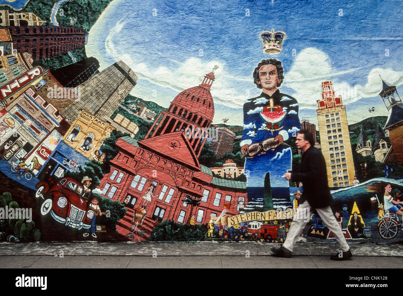 Mural depicting famous landmarks and people of Austin, Texas, USA Stock ...