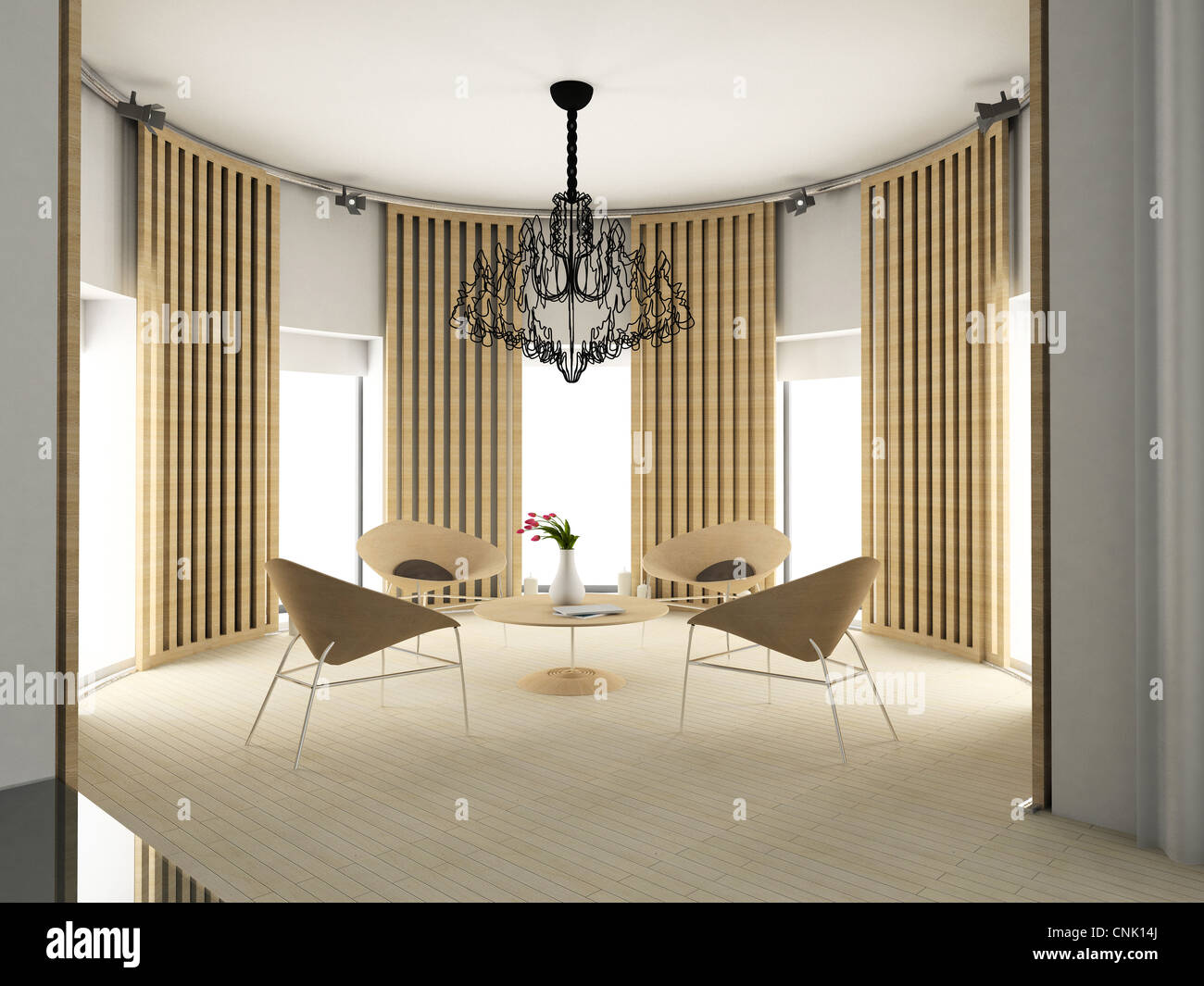 Interior with large windows. Comfortable room with furniture Stock ...