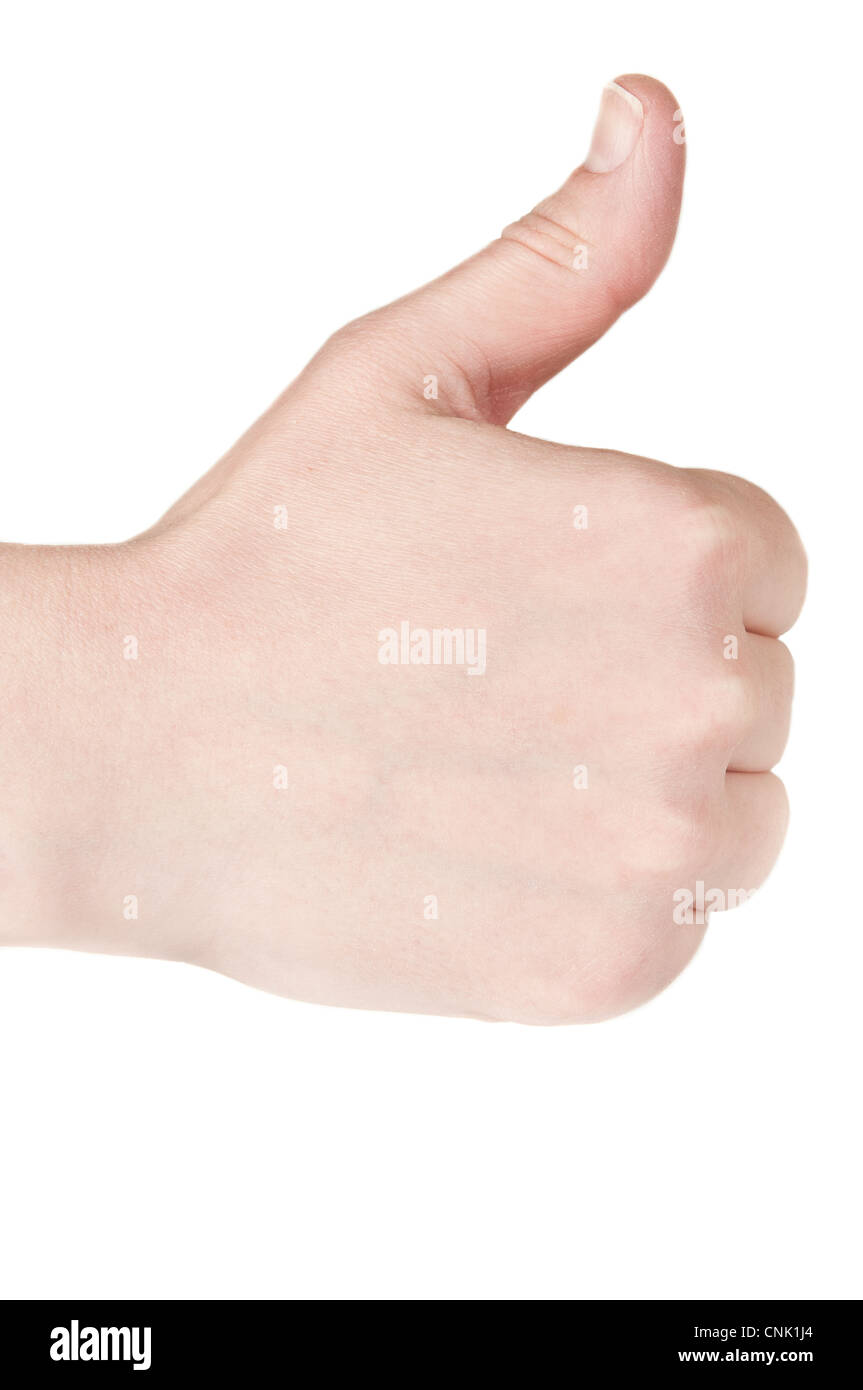 Closeup of a woman holding her thumb up over an white background Stock ...