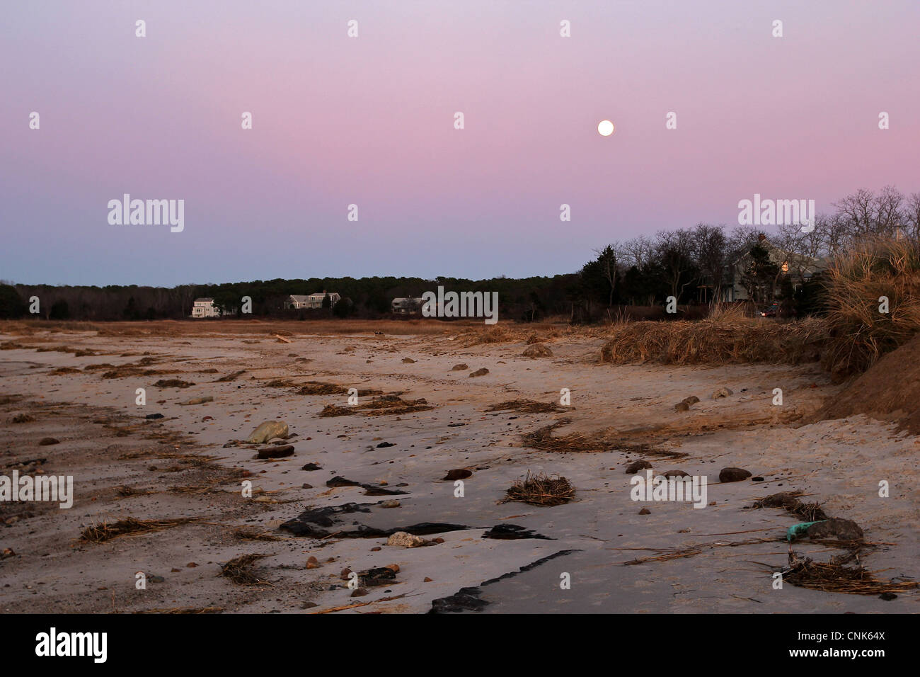 The moon shines on a Cape Cod beach in December amidst the colors of ...