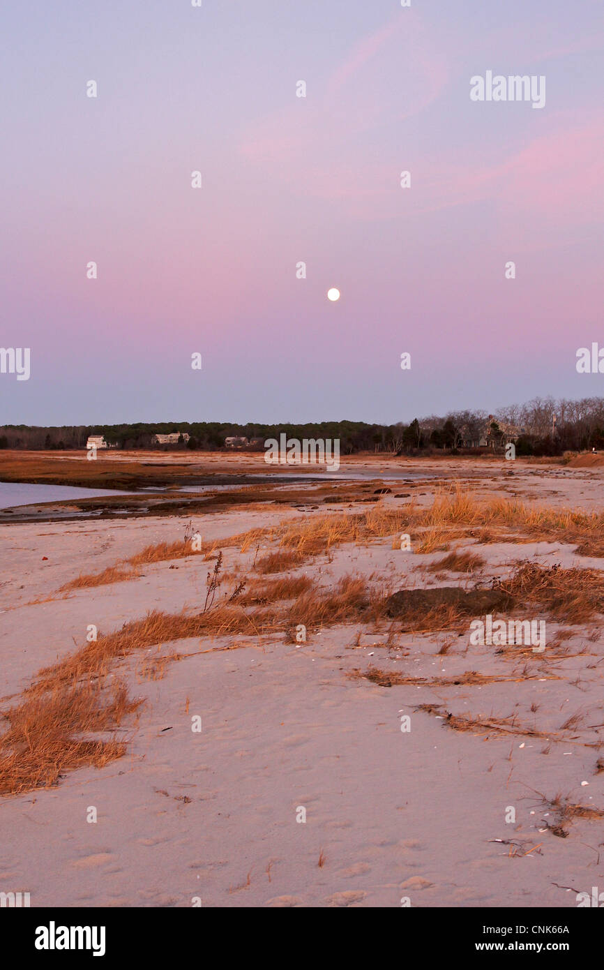 The moon shines on a Cape Cod beach in December amidst the colors of ...