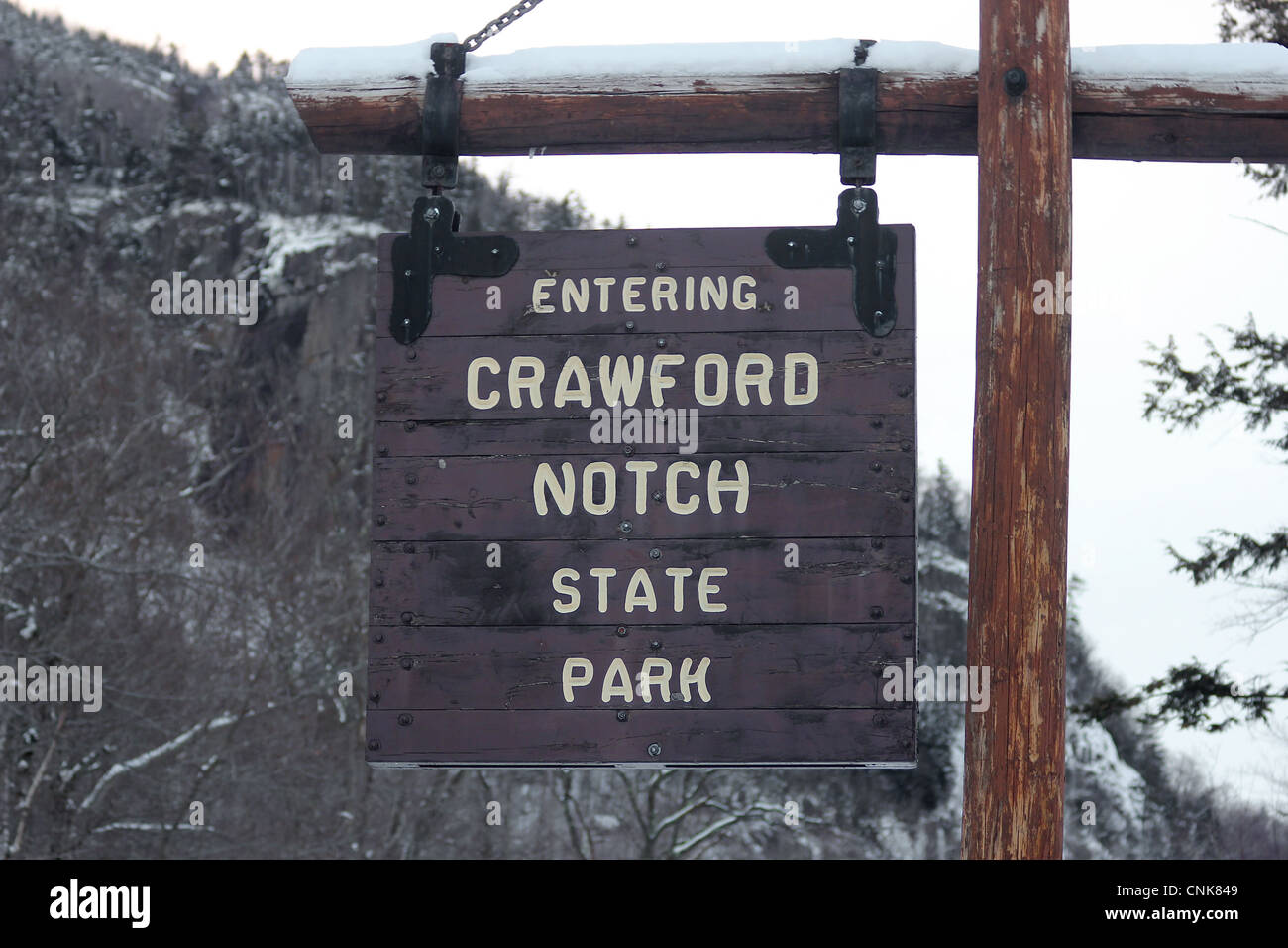 Sign for Crawford Notch State Park in New Hampshire in the winter Stock ...