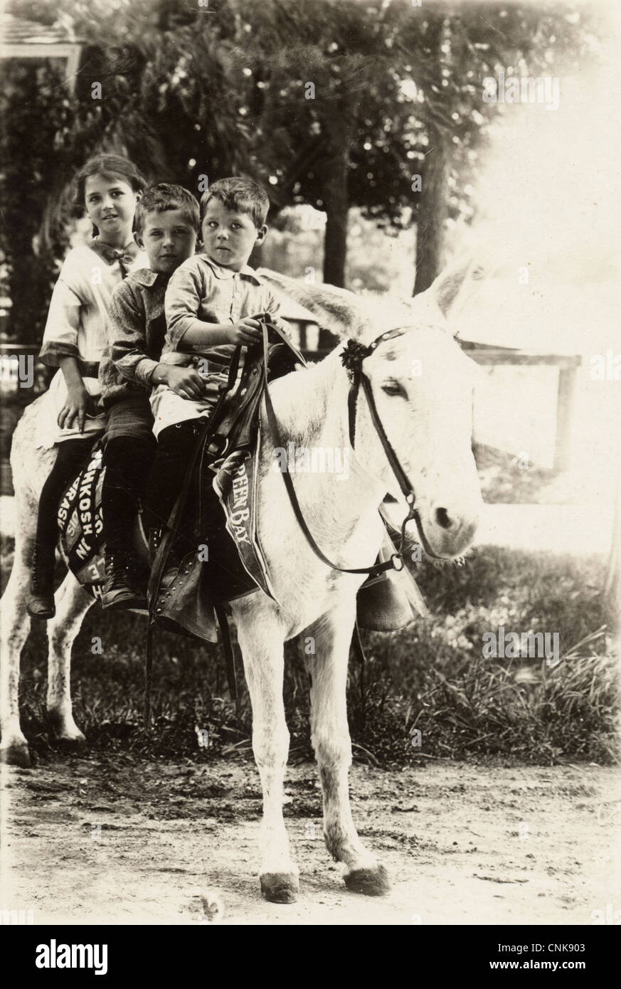 Three Children Riding a Pony Stock Photo - Alamy