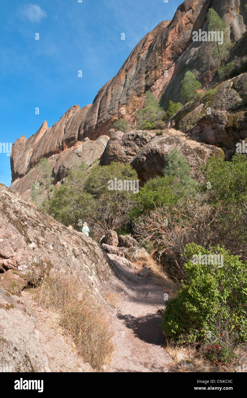 California, Pinnacles National Monument, Female hiker on Balconies ...