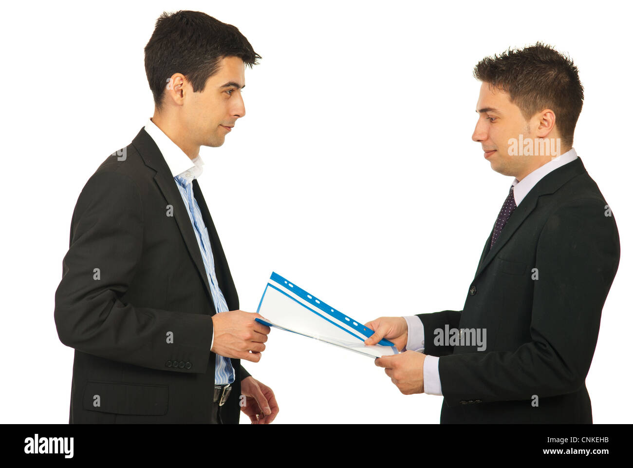 Business man giving contract to his partner isolated on white ...