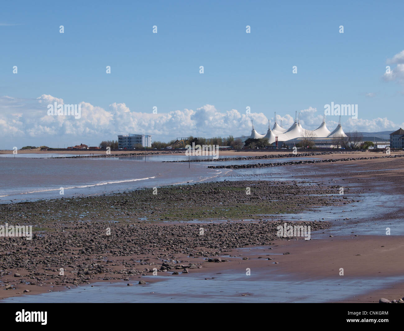 Minehead and Butlins Holiday Camp viewed across beach. Somerset. UK ...