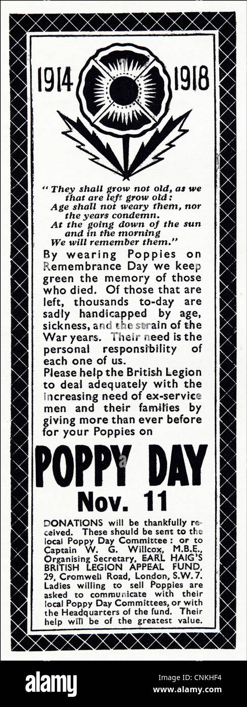 1914 1918 November 11 POPPY DAY advert Original 1930s vintage advert in ...