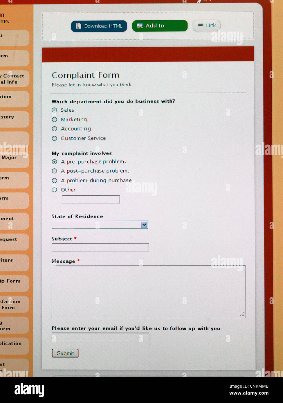 An Online Complaint Form Stock Photo - Alamy