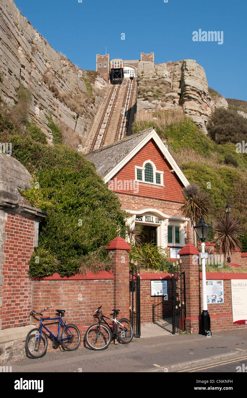 East Cliff funicular railway on the seafront at Hastings Sussex England ...