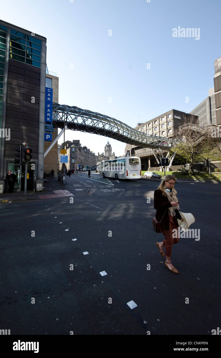 Pedestrian bridge over Leith Street in Central Edinburgh, Scotland ...