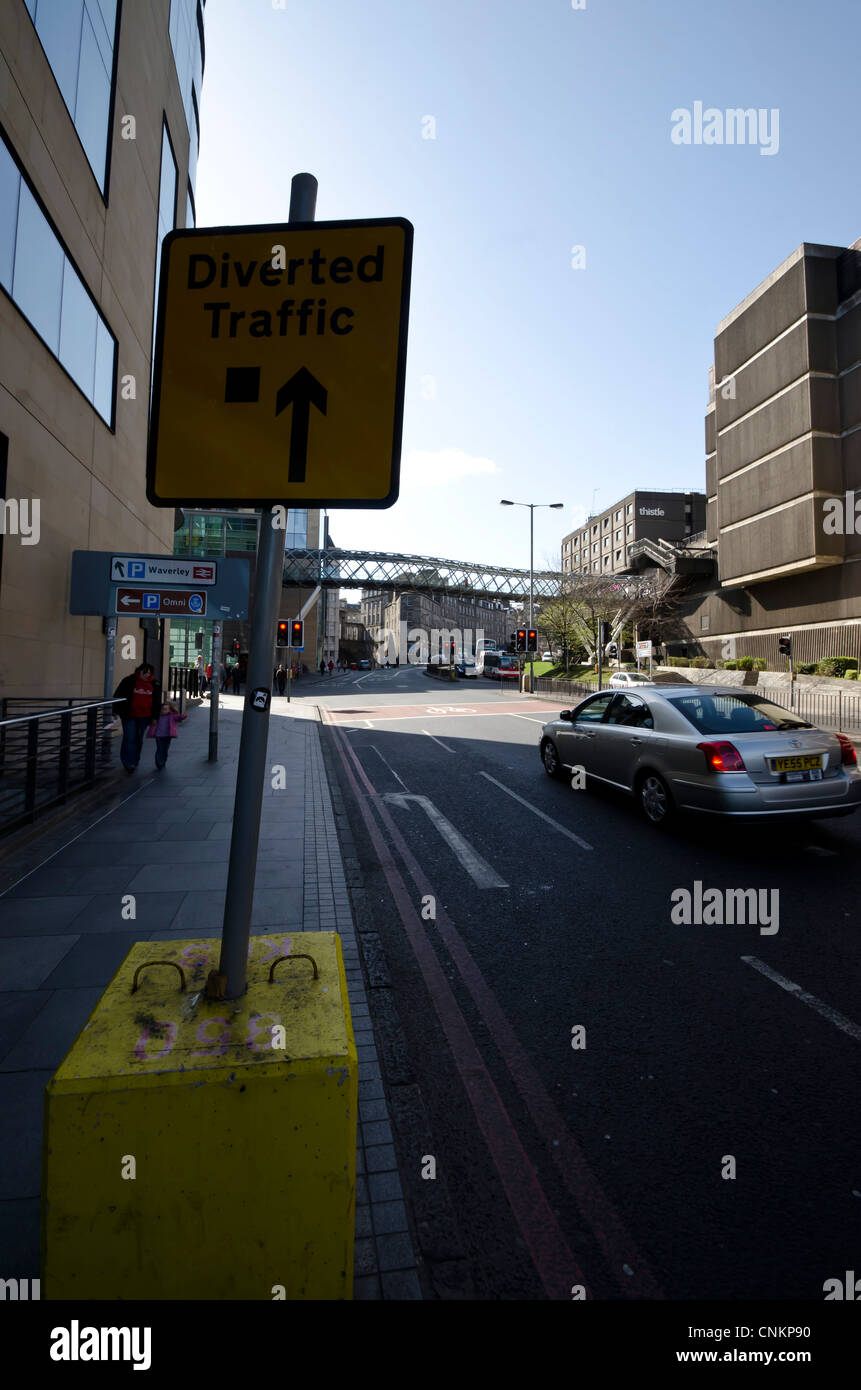 Diverted traffic road sign on Leith Street, Central Edinburgh, Scotland ...