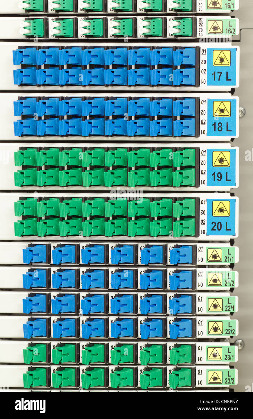 fiber optic cable management system with green and blue SC connectors ...
