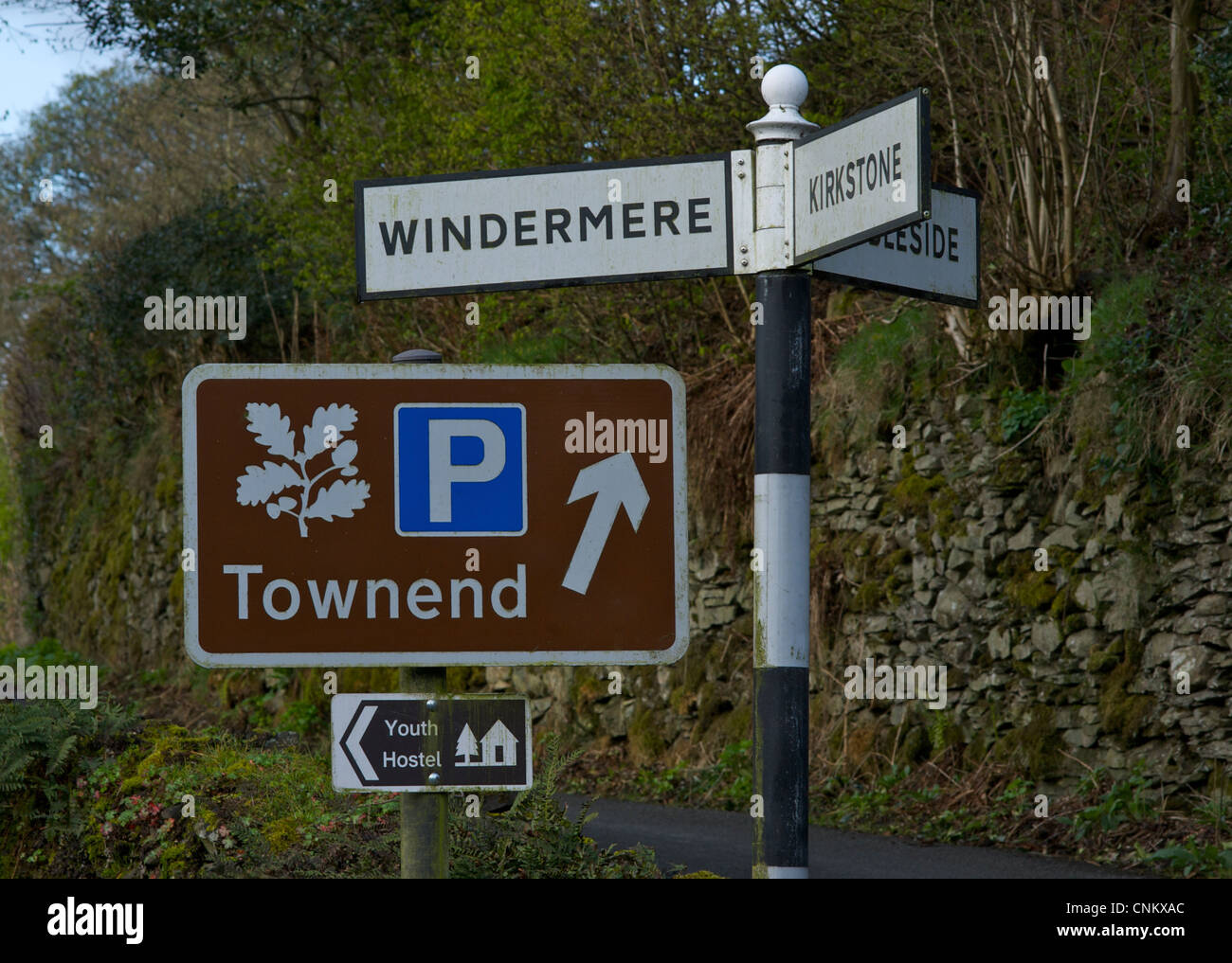 Road sign for Windermere and Townend, a National Trust house in the ...