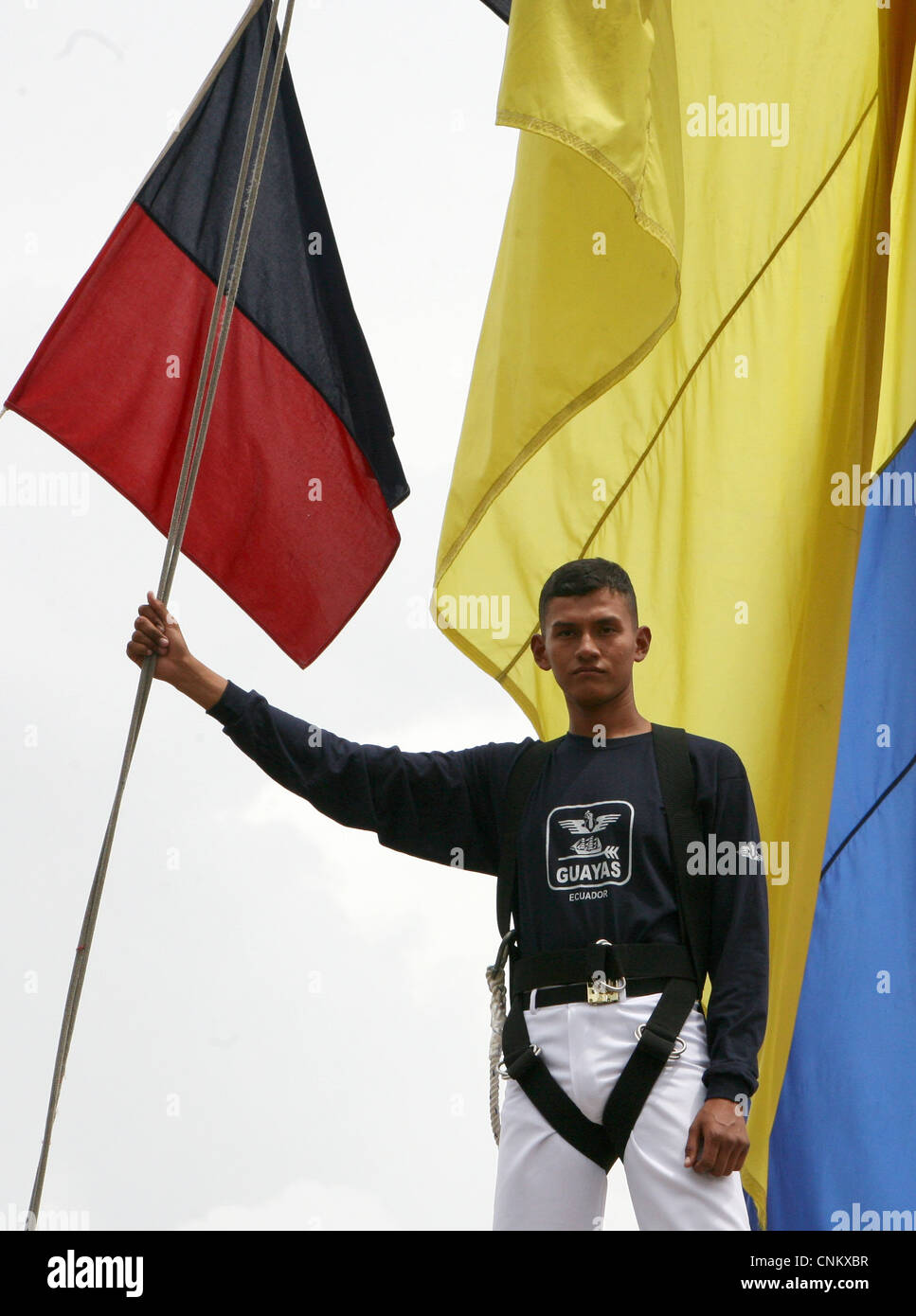 An Ecuadorian sailor aboard the tall ship BAE Guayas mans the yardarms ...