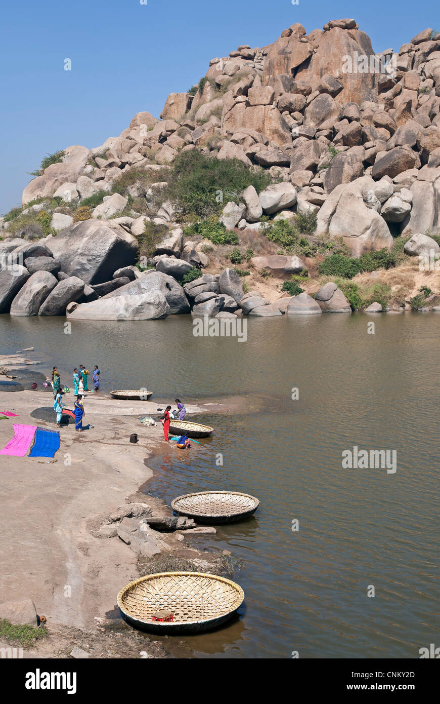 Traditional round boats (coracle). Tungabhadra river. Hampi. India ...