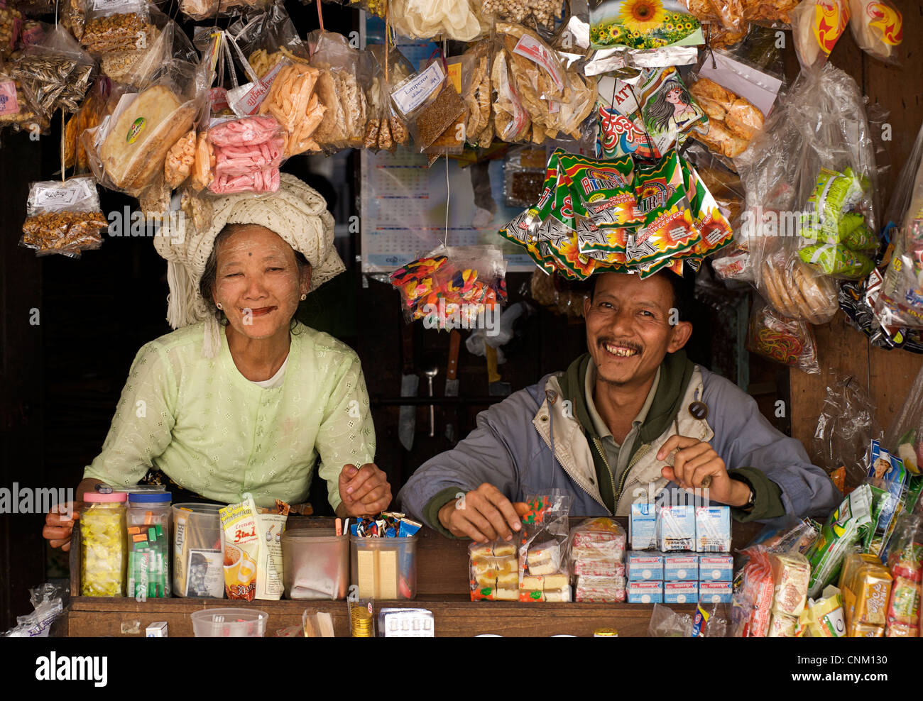 Friendly Burmese shopkeepers with their wares, Kalaw, Burma. Myanmar ...