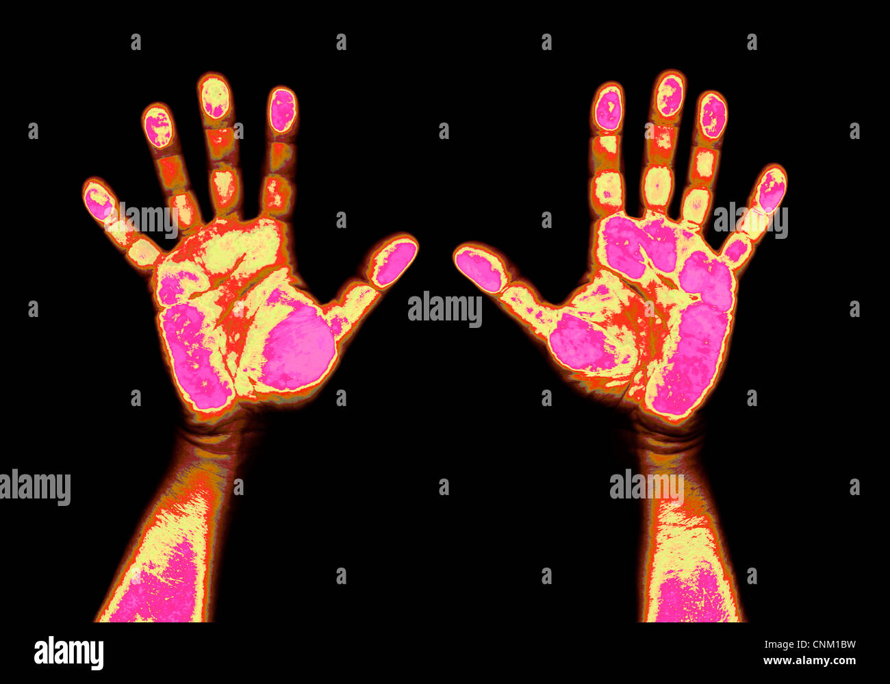 Two hands held up to surrender Stock Photo - Alamy