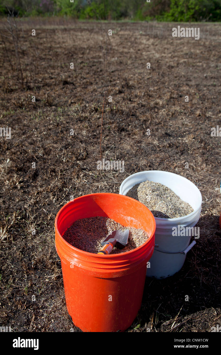 Buckets of native plant seeds for restoration of native prairie after ...