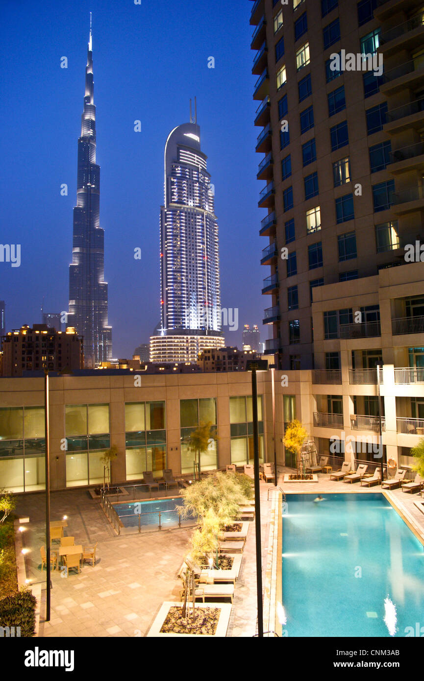 Burj Khalifa, Dubai, and Downtown Address tower, at sunset, seen from ...