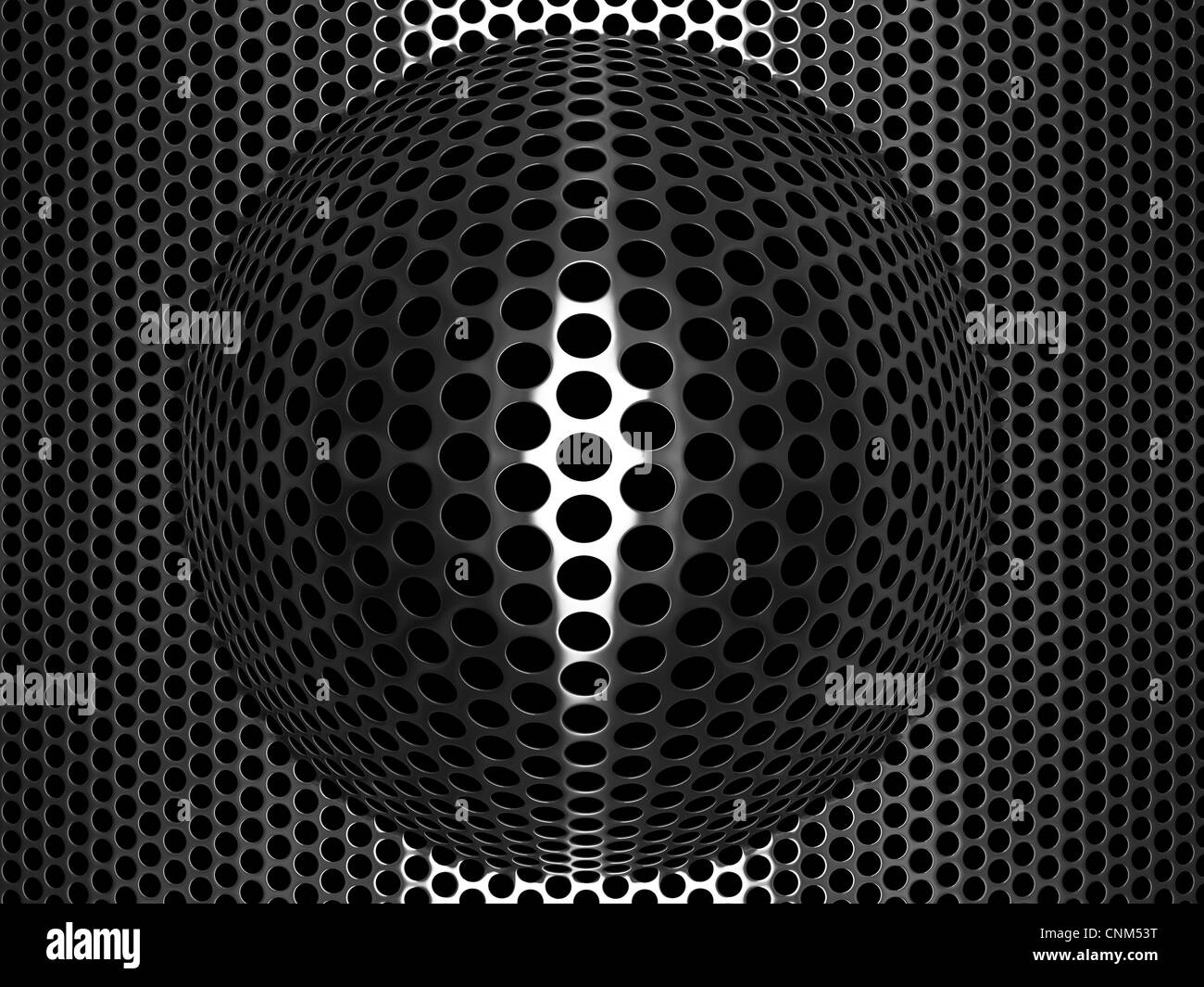 Punched metal grid with rows of circular holes and central highlighted ...