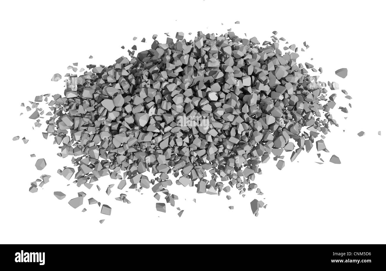 Rock rubble and pebbles in a small pile isolated on a white background ...