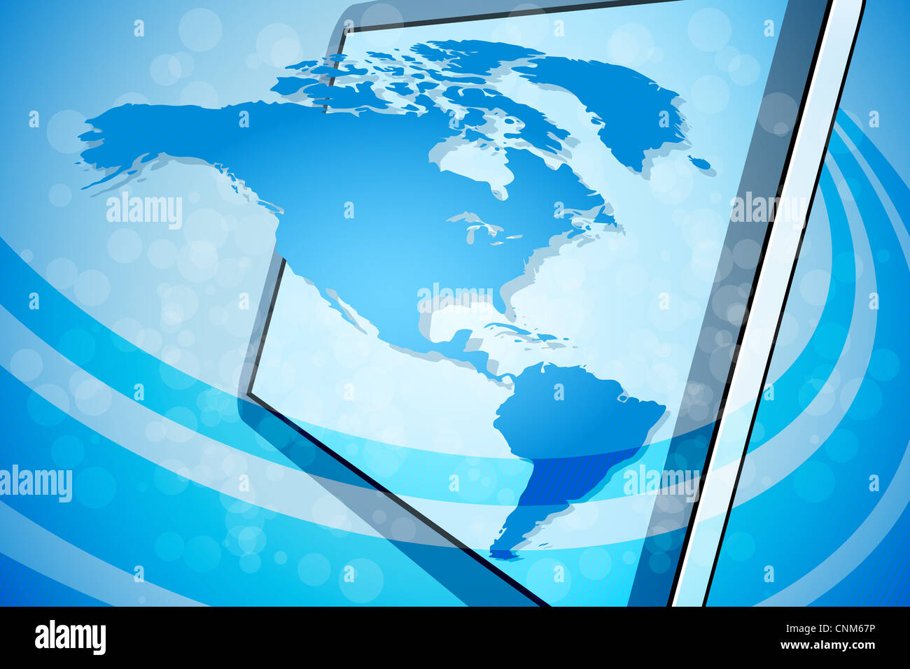 Blue World Map Background with Sparkles and tablet computer Stock Photo ...