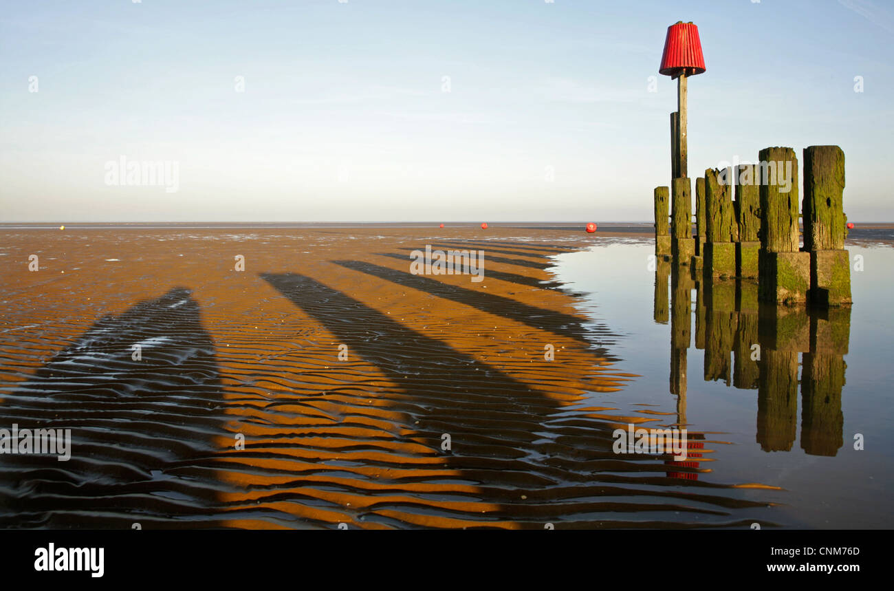 Timber sea defence groyne at low tide, Cleethorpes beach Stock Photo ...