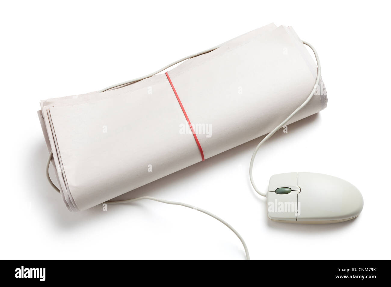 Computer mouse and Newspaper Roll with white background Stock Photo - Alamy