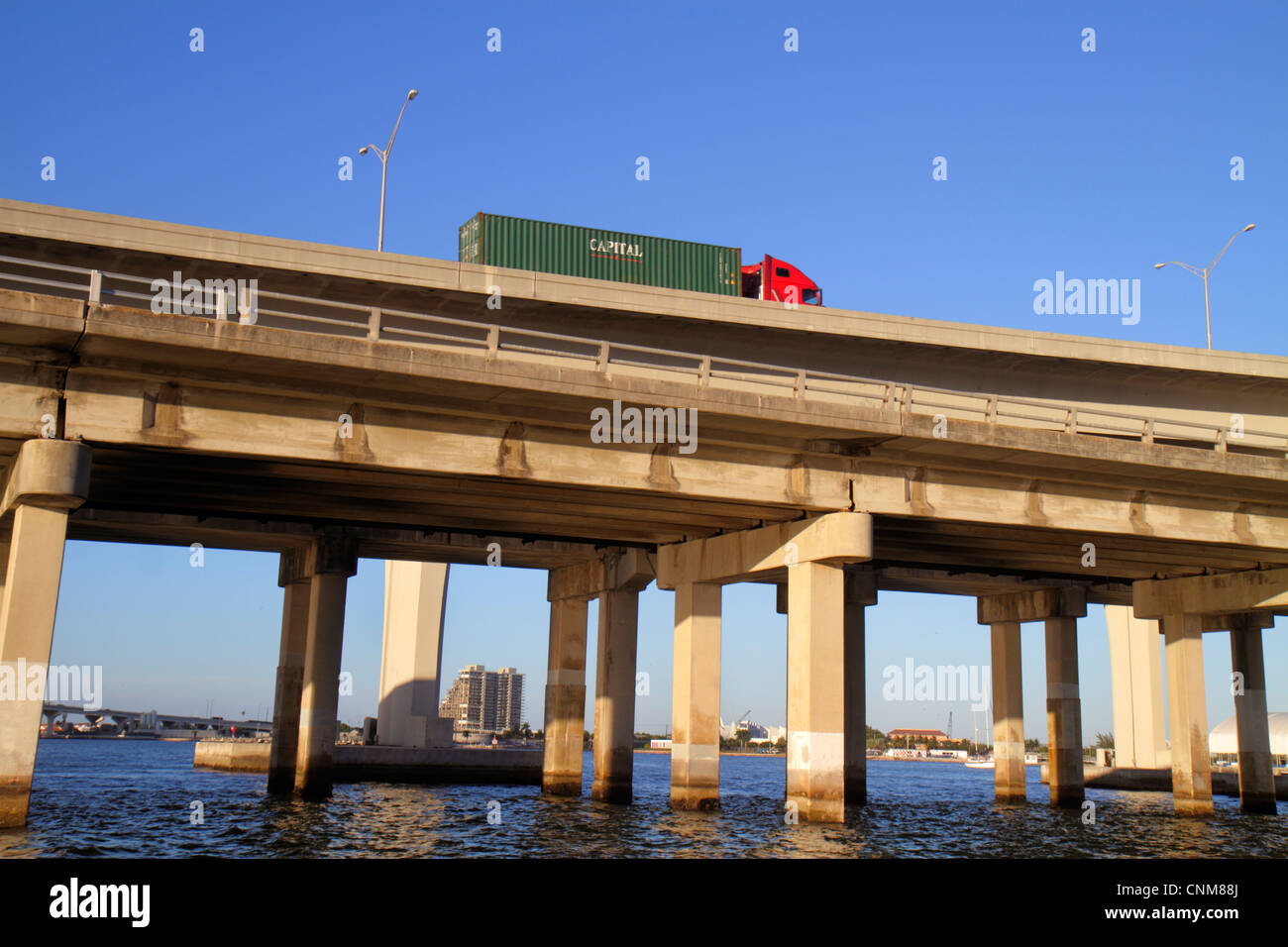 Miami Florida,Biscayne Bay water,Port of Miami Bridge,cargo container ...