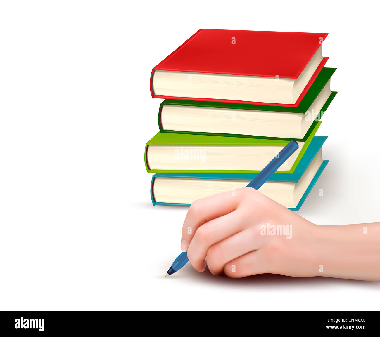 Hand with pen writing on paper and stack of books Stock Photo - Alamy