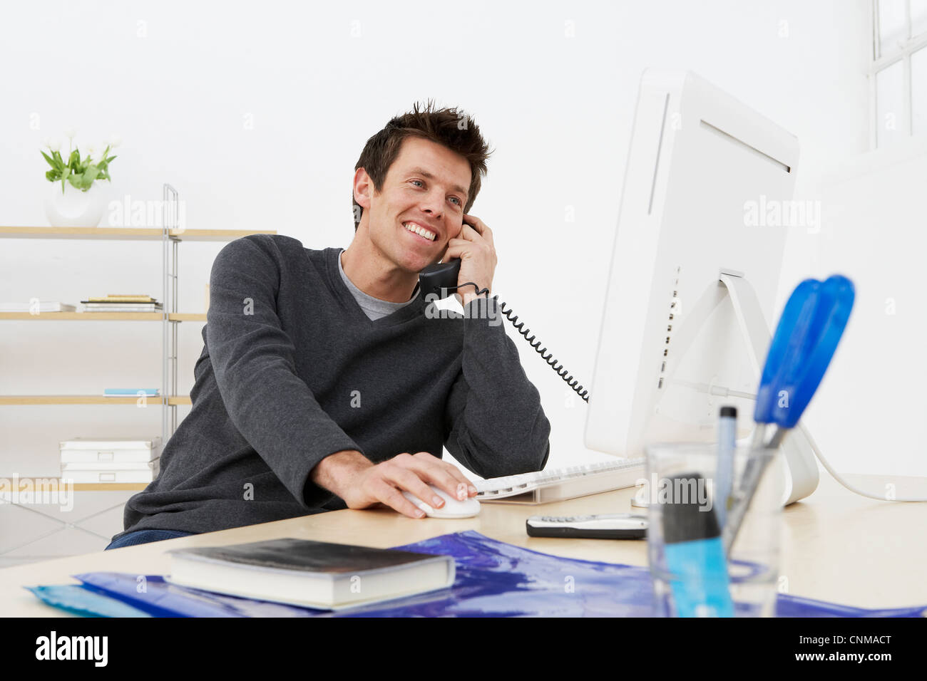 Working sitting landline phone communication holding technology ...